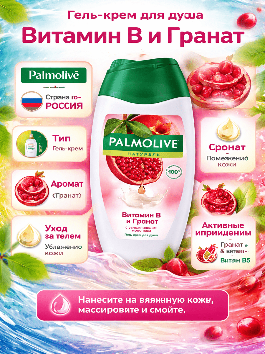 Гель - крем для душа Palmolive Натурэль Витамин B и Гранат с увлажняющим молочком, 250мл