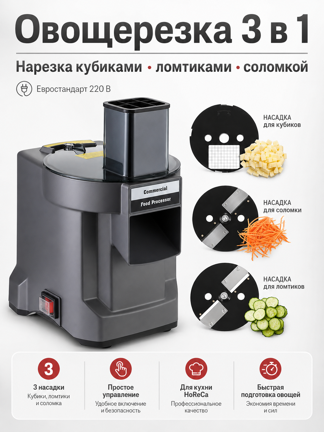 Овощерезка 3-в-1 (кубики, ломтики, соломка), 220В, для кухни и кафе