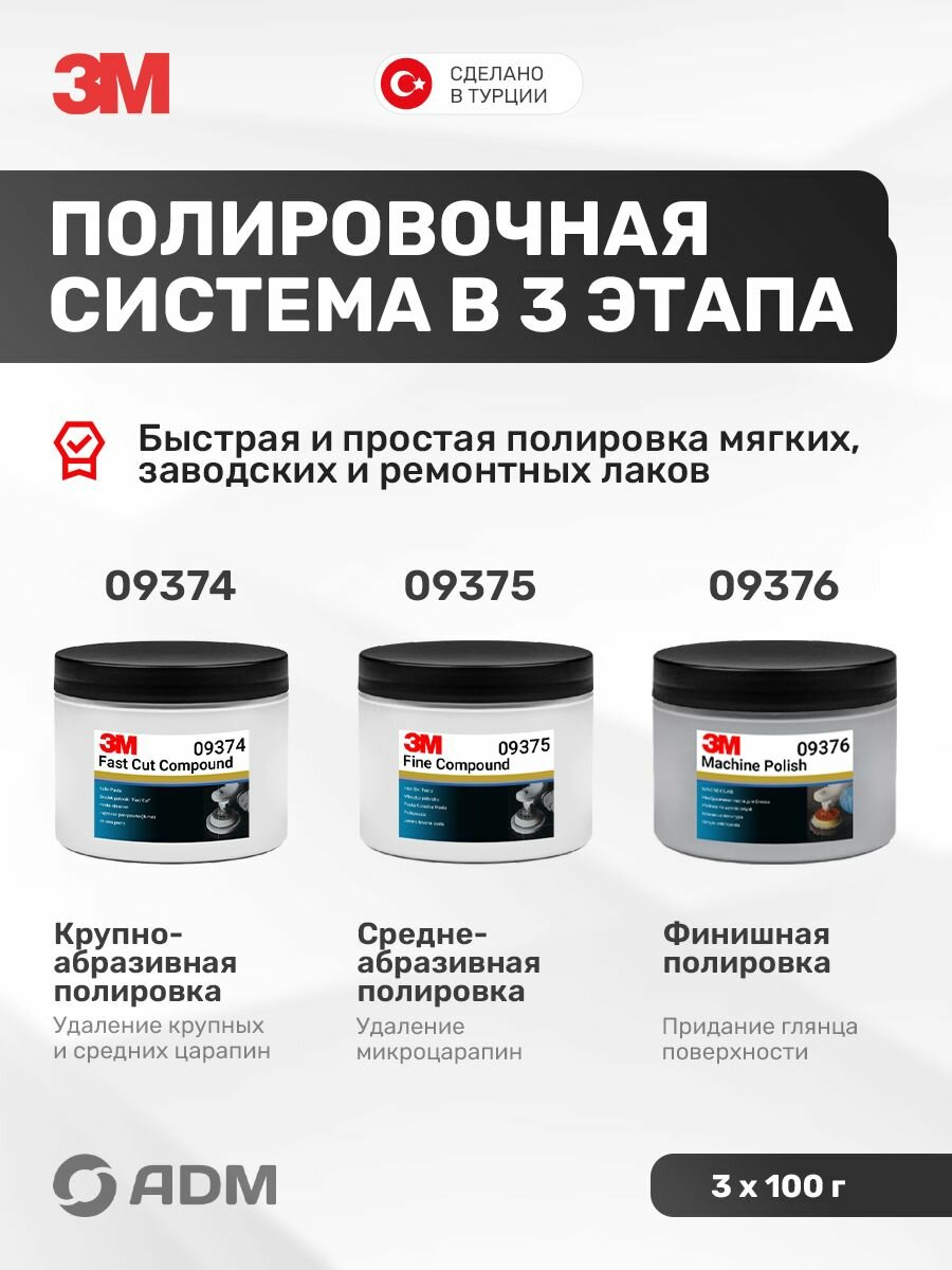 Набор полировальных паст 3М для автомобиля на 3 этапа: 09374, 09375, 09376 3шт по 100гр