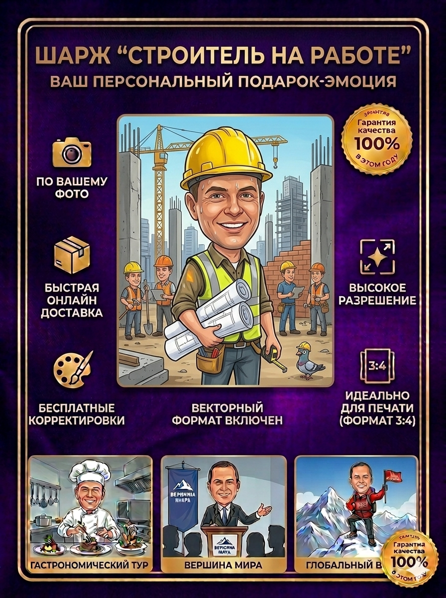 Шарж на работе "Строитель", цифровой, для любого праздника, 2026 год