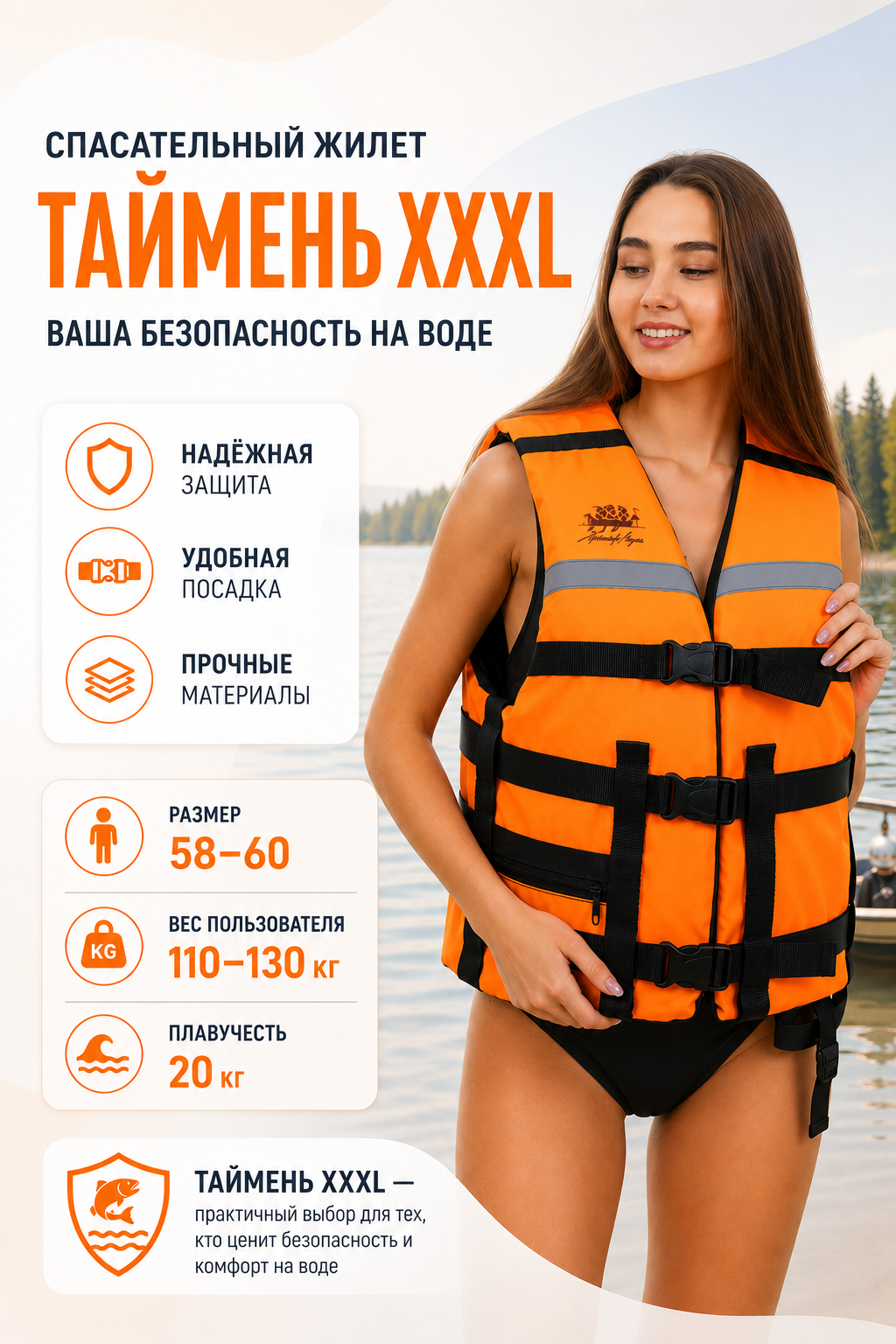 Жилет Спасательный Мастер Лодок "таймень" XXXL Оранжевый (58-60 размер)- вес 110-130 кг