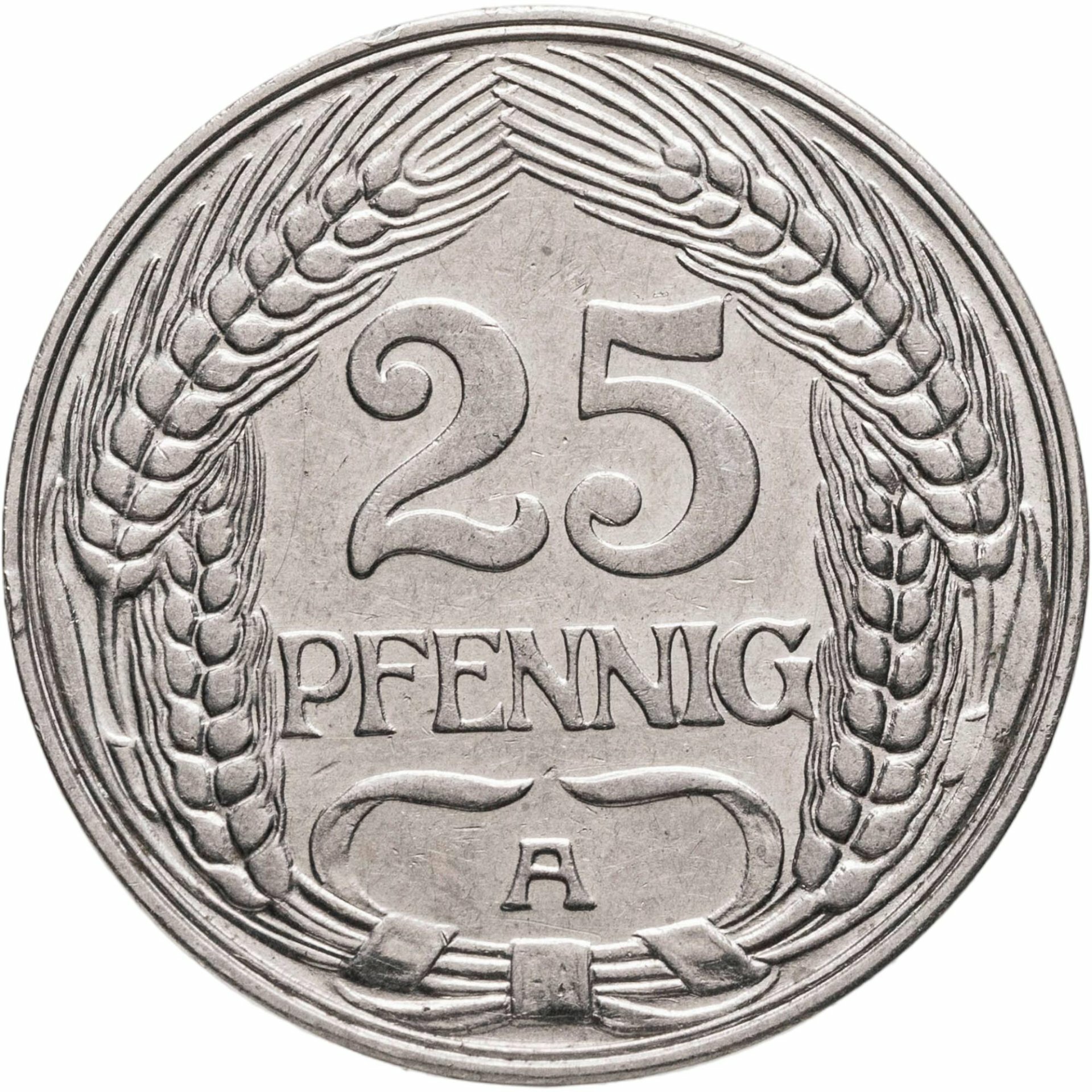 Германия 25 пфеннигов pfennig 1910, знак монетного двора: "A" - Берлин, Никель, в сохранности AU