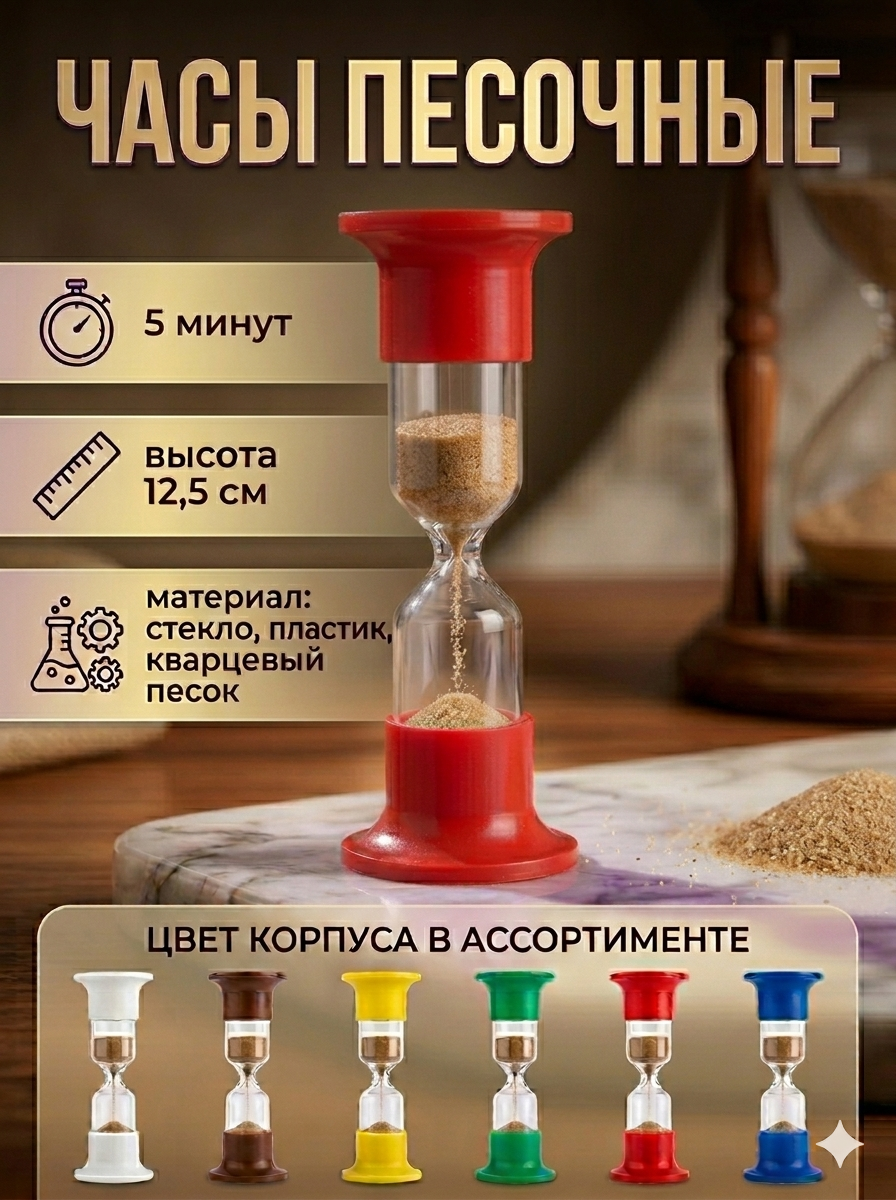 Песочные часы ЧПН-5 (Р), 5 минут, цветной корпус, стекло, кварцевый песок