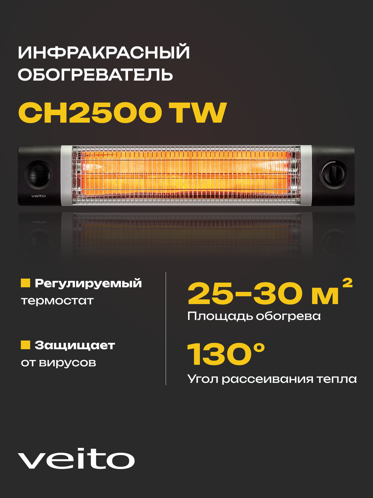 Настенный промышленный обогреватель Veito CH2500 TW black, 2,5 кВт карбоновый, регулировка мощности, IP55