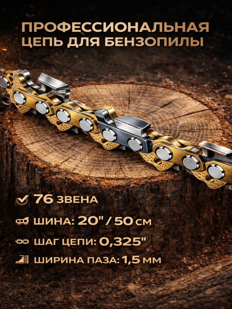 Цепь для бензопилы, 76 звеньев, 0.325", 1.5 мм, шина 20" (50 см) шаг 0.325 дюйма толщина 1.5 мм