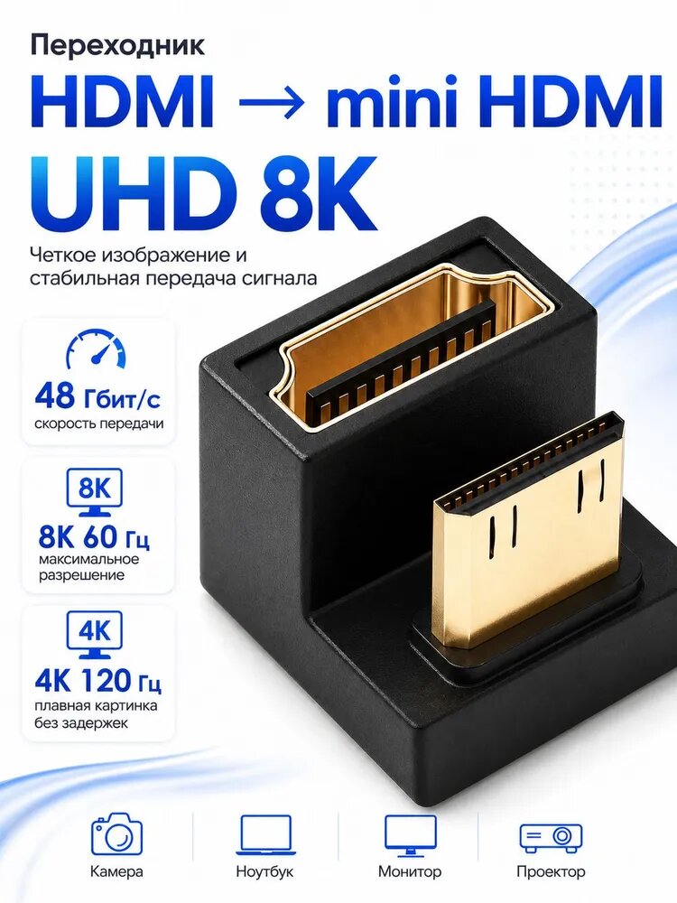 Переходник HDMI (F) - mini HDMI (M) 2.1, UHD - 8K/60Hz, U-образная обратная сторона
