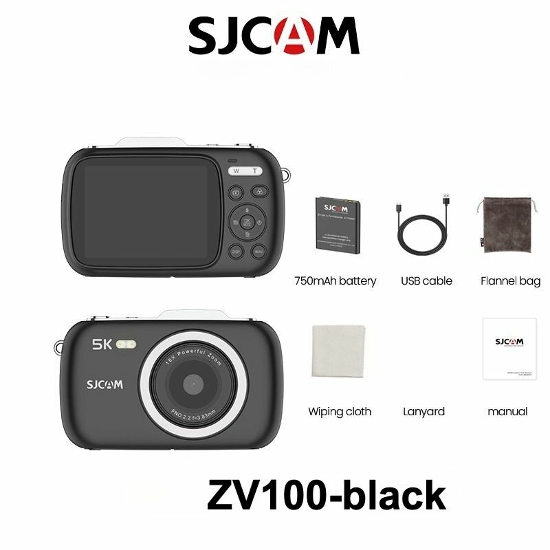 SJCAM ZV100 Портативная цифровая камера 5K, видеокамера, 80-мегапиксельный 2,8-дюймовый IPS-экран, автофокус, 18-кратный зум, встроенная вспышка CCD