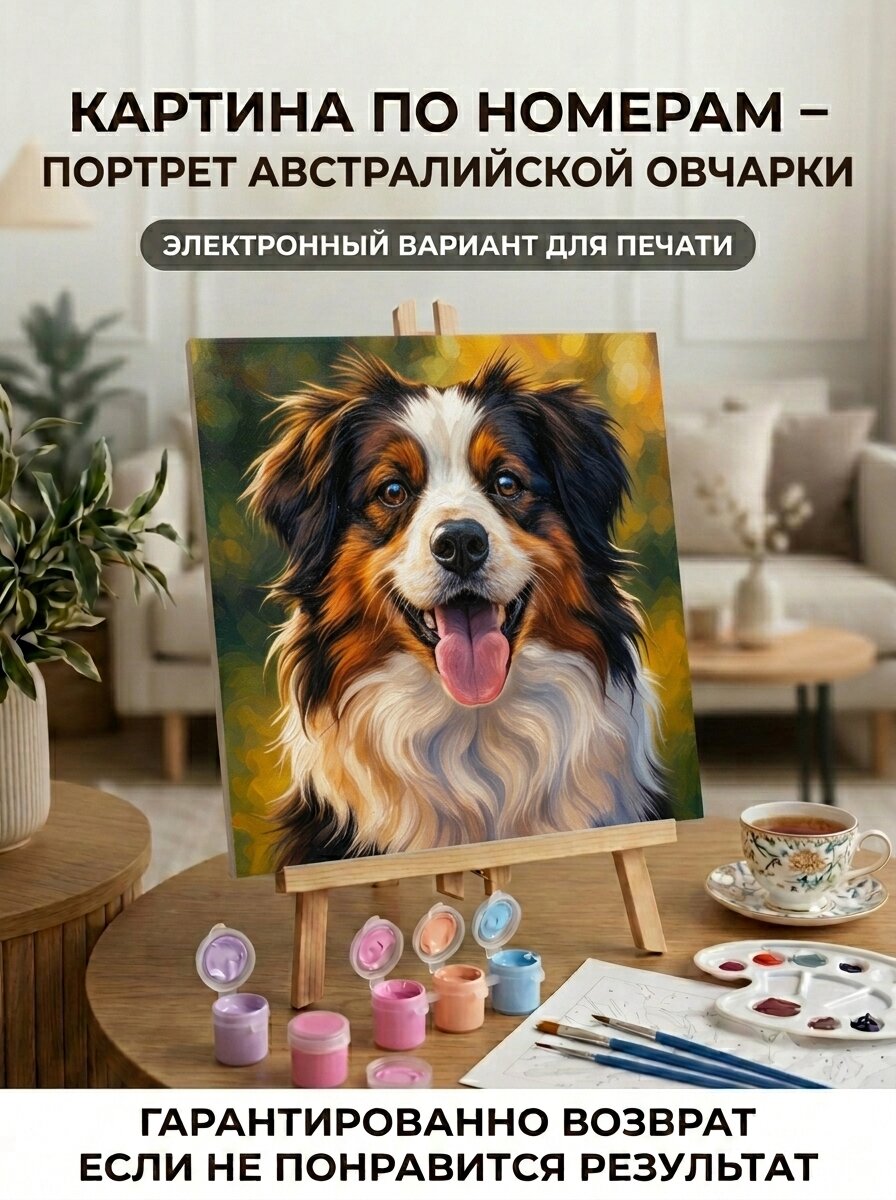 Картина по номерам "Портрет австралиискои овчарки", на холсте, PDF-инструкция