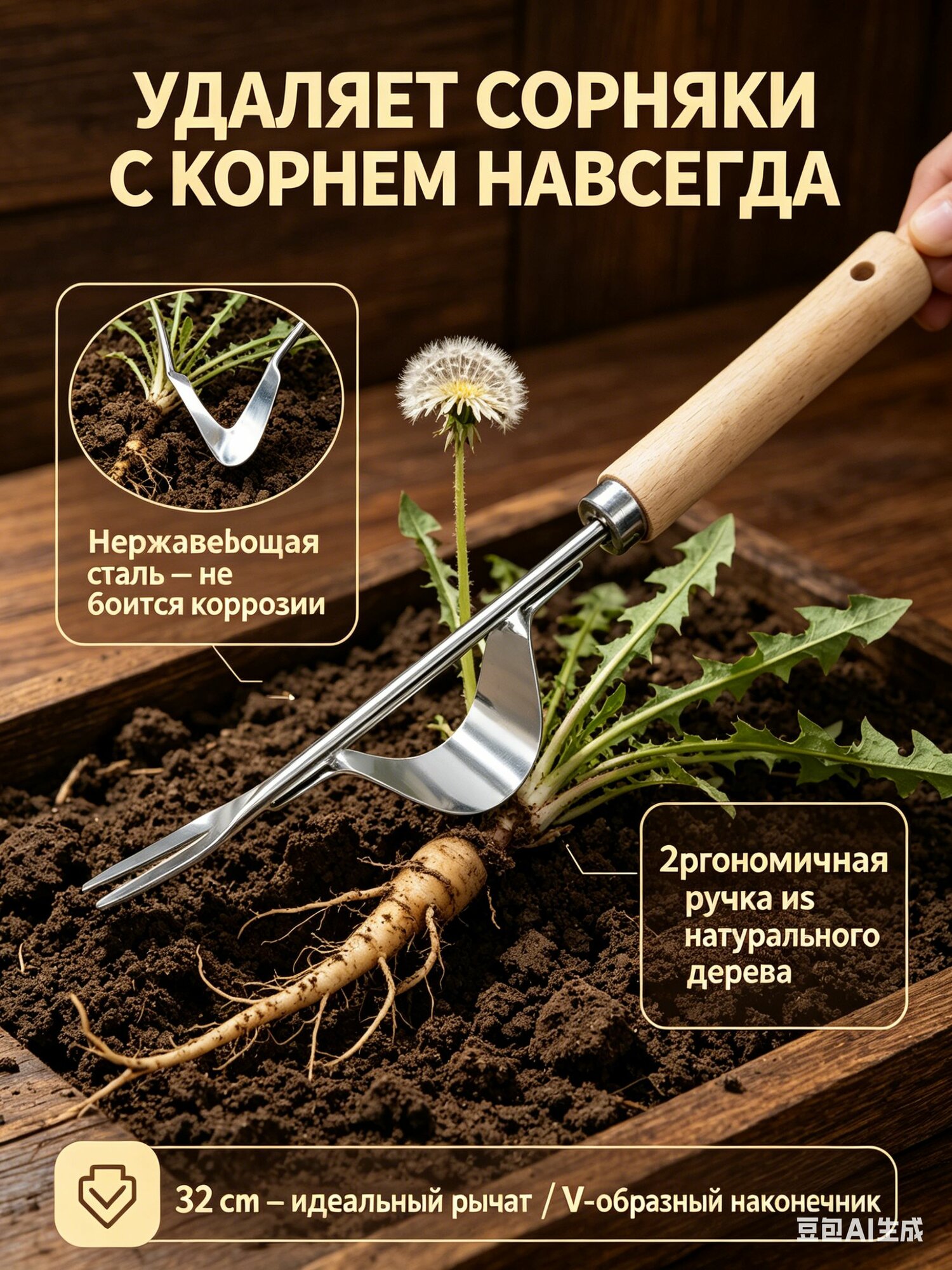 Корнеудалитель, рукоятьНержавеющая сталь