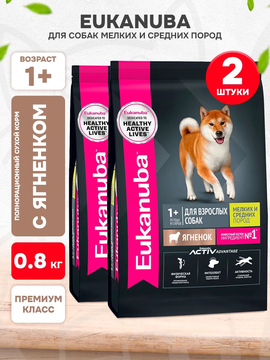 Корм сухой Eukanuba для взрослых собак маленьких и средних пород, ягненок, 800 г х 2 шт