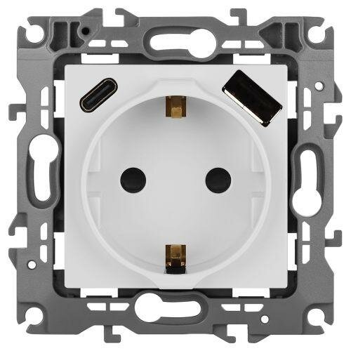 Розетка Эра12 12-4108-01 16А 250В 2P+E с USB type-A+C 5В-3А защ. шторки бел. Эра Б0067752