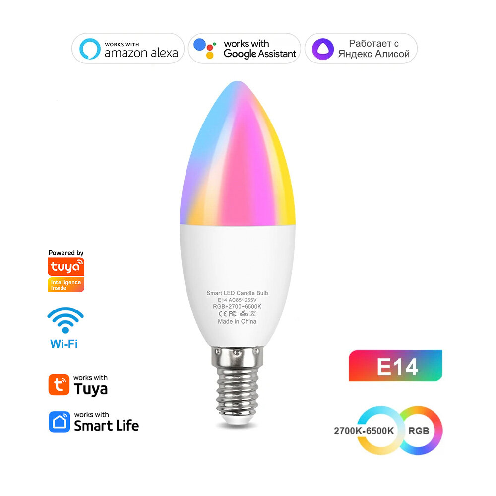 Умная светодиодная лампочка RGB E14 с WiFi, Алисой, Tuya Smart Life, 5Вт