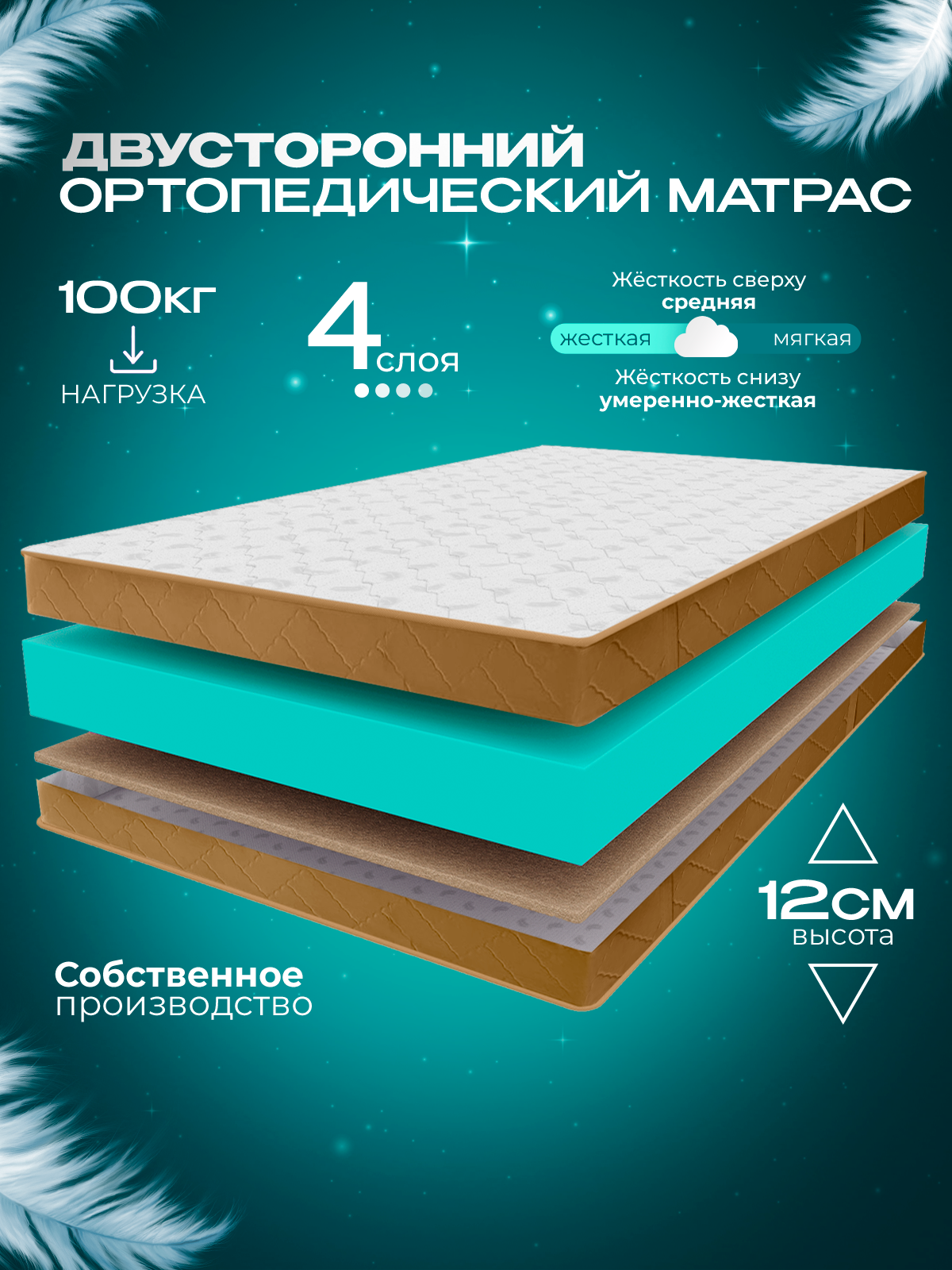 Матрас беспружинный 100x200 см Vitaflex Anatomic Бежевый 11V Sk ортопедический, ППУ, двусторонний, анатомический, с кокосом, в рулоне