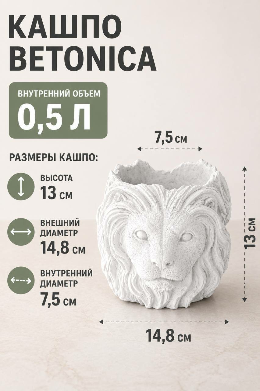 Горшок для цветов, кашпо для растений, кактусов и суккулентов, 14,8х14.8х13 см, декоративное из бетона , Лев