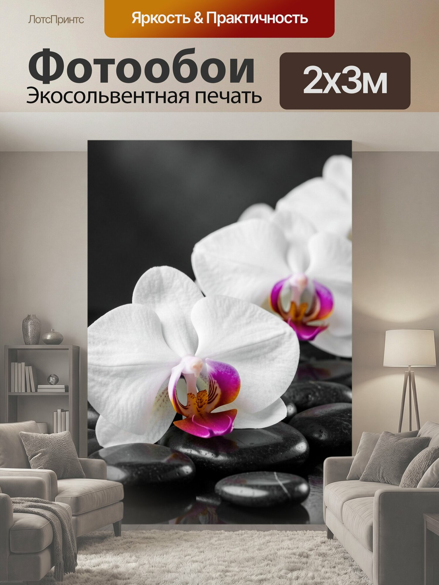 Фотообои "Белые орхидеи на черных камнях. Элегантная флористическая композиция с нежными фаленопсисами, гладкой галькой и отражающей темной." 200x300 см. экосольвентная печать