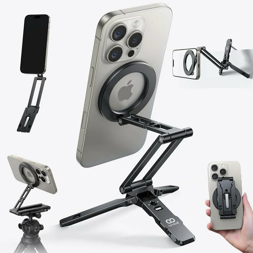 Штатив Lamicall MagSafe ультракомпактный для iPhone 17/16 Pro Max, в комплекте винты 1/4 дюйма, быстросъемная площадка Arca и крючки.