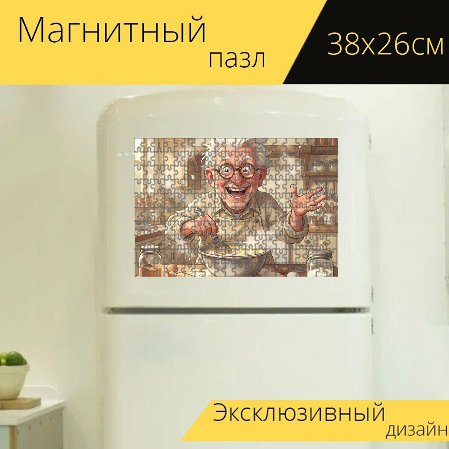 Магнитный пазл "Веселый старик с венчиком. Пожилой мужчина в очках энергично взбивает тесто в уютной домашней кухне, вокруг мука и посуда. Теплые бежевые." для интерьера, 38х26 см.