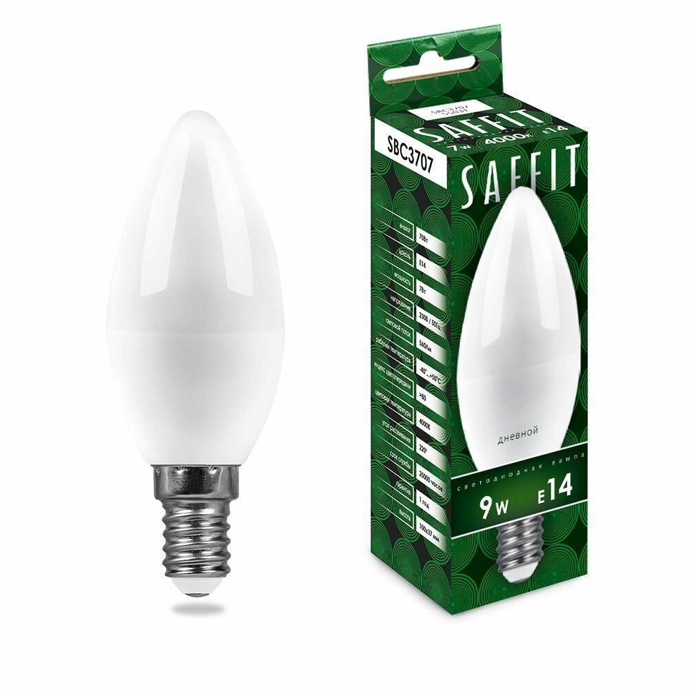 Лампа светодиодная SBC3709 Свеча E14 9W 230V 6400K комплект 5 штук, SAFFIT 55170
