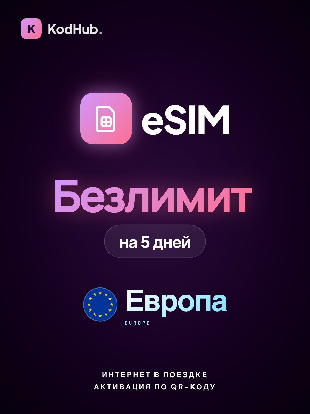 Туристическая eSIM Европа безлимит на 5 дней | интернет в поездке, связь за границей | QR-код активации