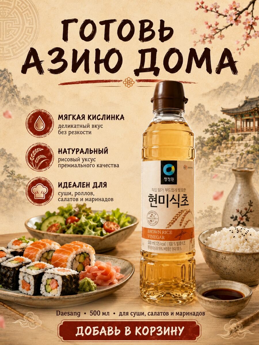 Рисовый уксус Daesang из коричневого риса 6%, 500 мл, корейский уксус для суши, роллов, салатов и маринадов