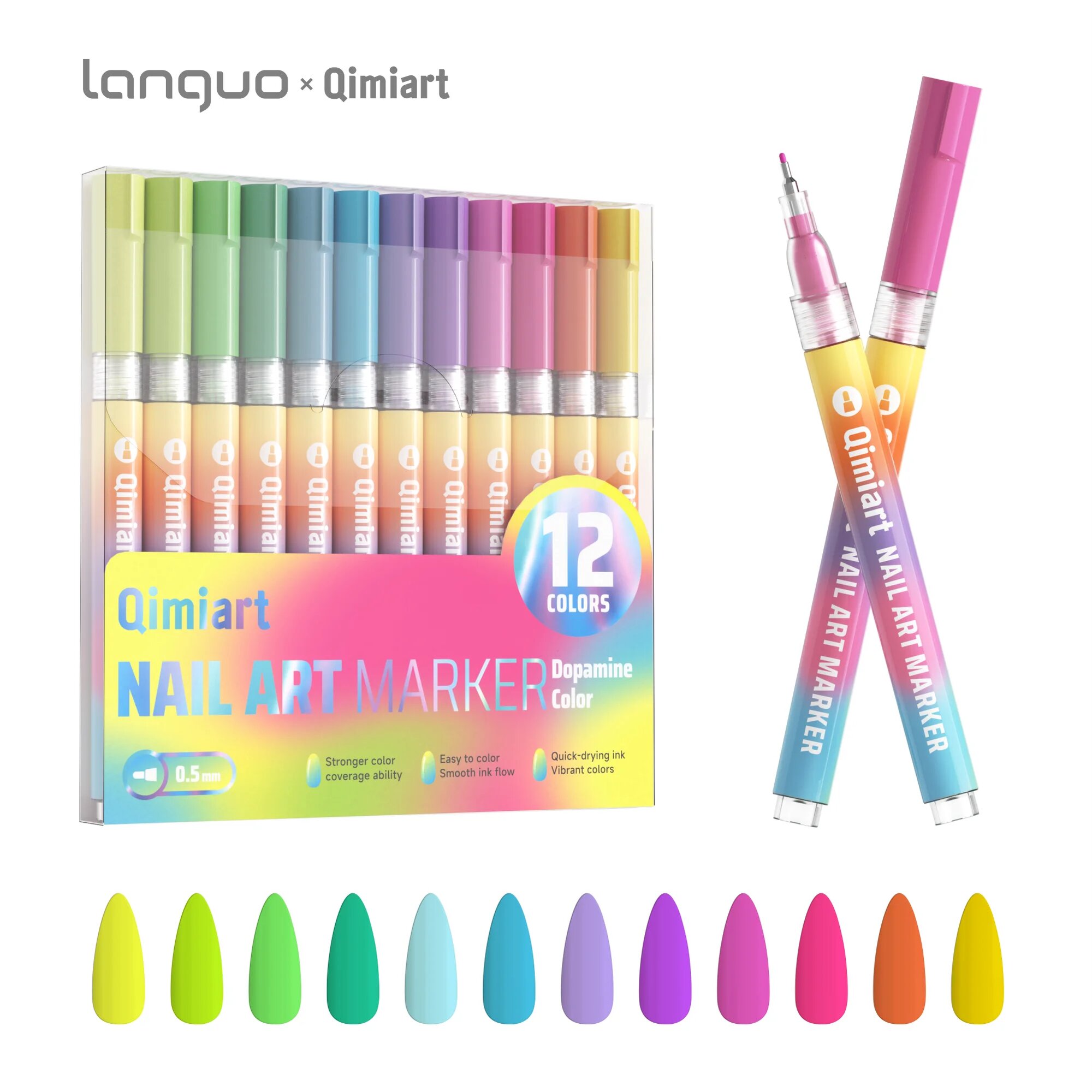 Маркеры для нейл-арта Languo×Qimiart M560 12 цветов 12 Dopamine Colors