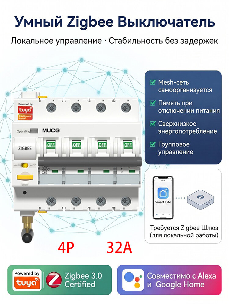 Умный выключатель ZigBee MUCG 4P32A на DIN рейку, Управление через Tuya, SmartLife или Digma Smart, для подключения требуется шлюз Tuya Hub с поддержкой протокола Zigbee3.0