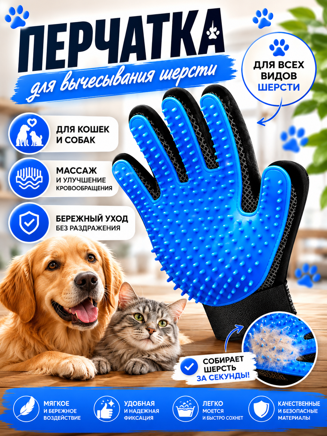 Перчатка для вычесывания шерсти кошек, собак/Расческа для кошек/Чесалка щетка для кошек и собак