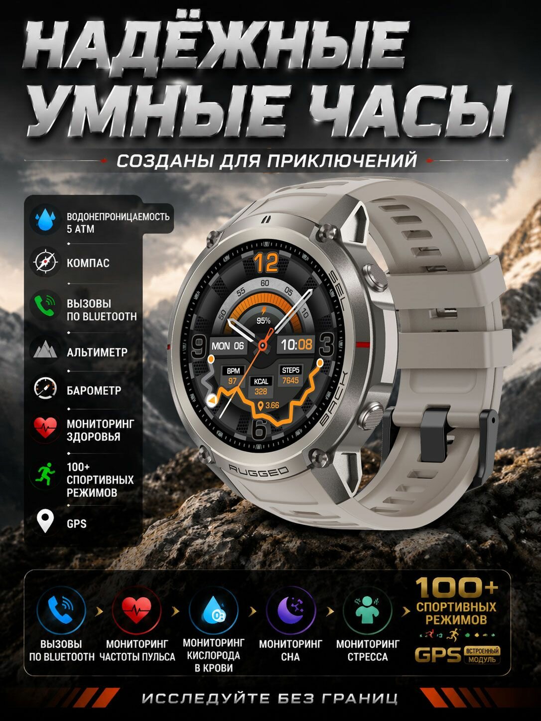 Bоенные смарт часы мужские автономный GPS и офлайн-карты, Компас, водонепроницаемость 5 АТМ, 1,43' AMOLED , 100 + спортивных режимов, компас, мониторинг пульса/SpO2 , с Android и iOS
