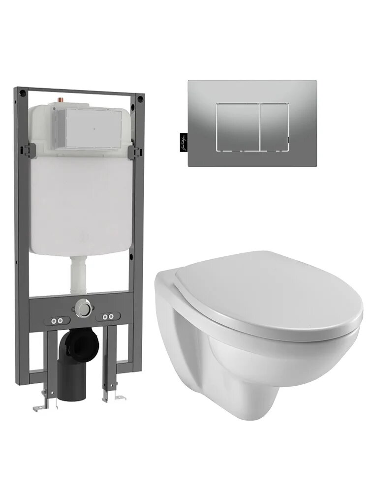 Комплект 4 в 1 Унитаз подвесной Jacob Delafon Patio EDV102-00 / Сиденье E4267 / Инсталляция E38064-NF, Кнопка E38065-CP P цвет глянцевый хром