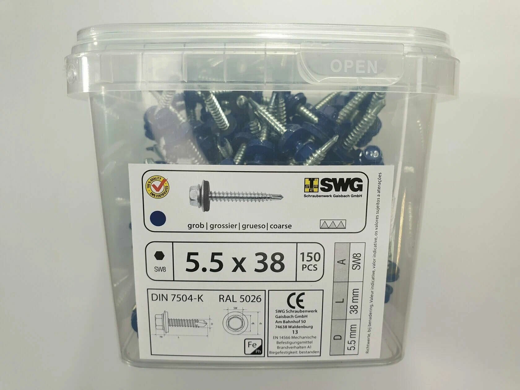 Саморез по металлу DIN 7504-K RAL 5026 5.5x38 (150pcs) SWG. Германия