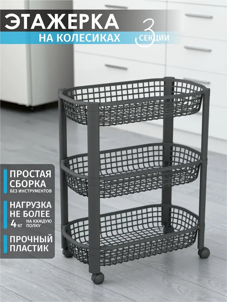 Этажерка для овощей, полка на колесиках пластиковая 3 секции