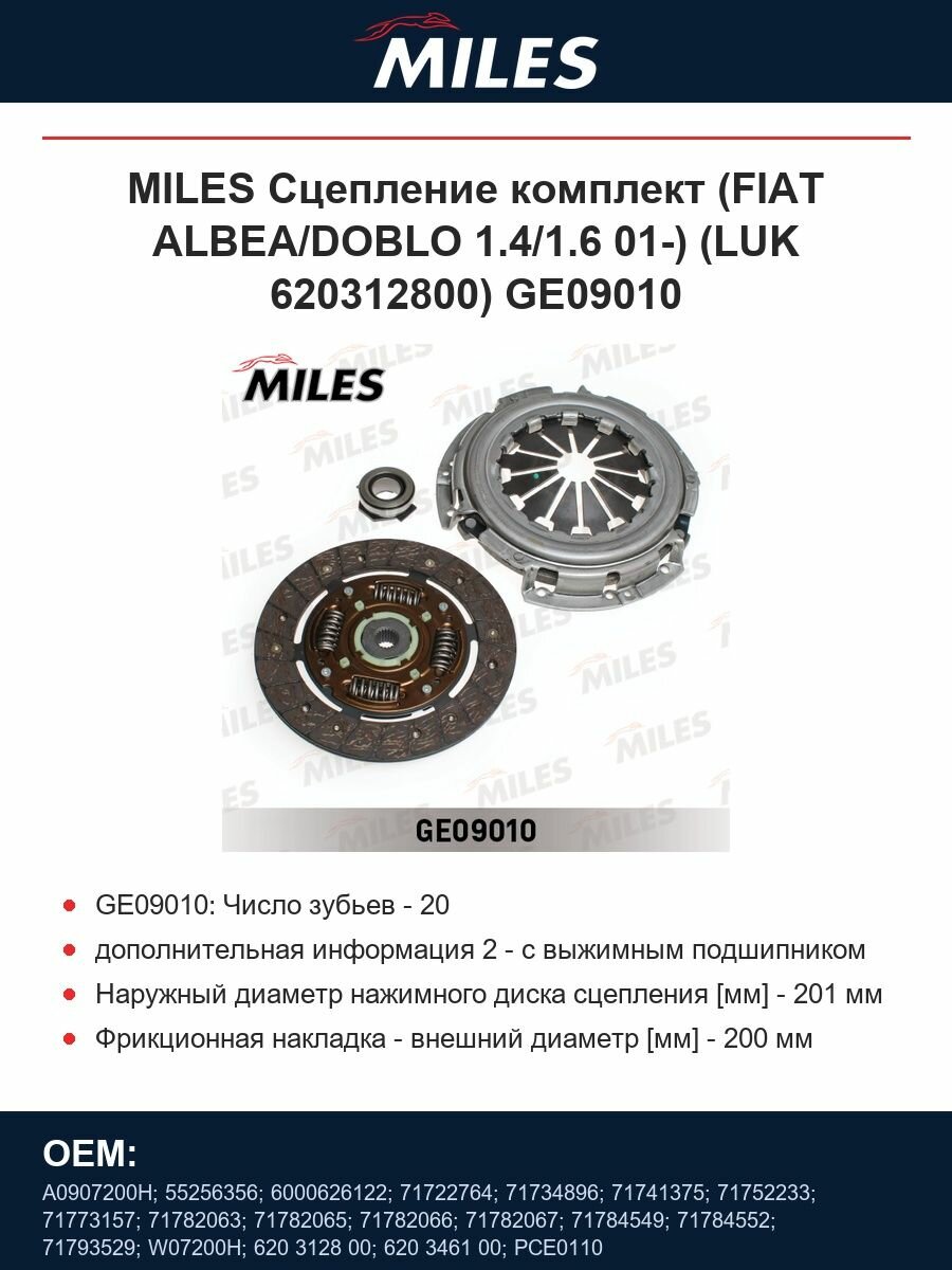 MILES Сцепление комплект (FIAT ALBEA/DOBLO 1.4/1.6 01-) (LUK 620312800) GE09010