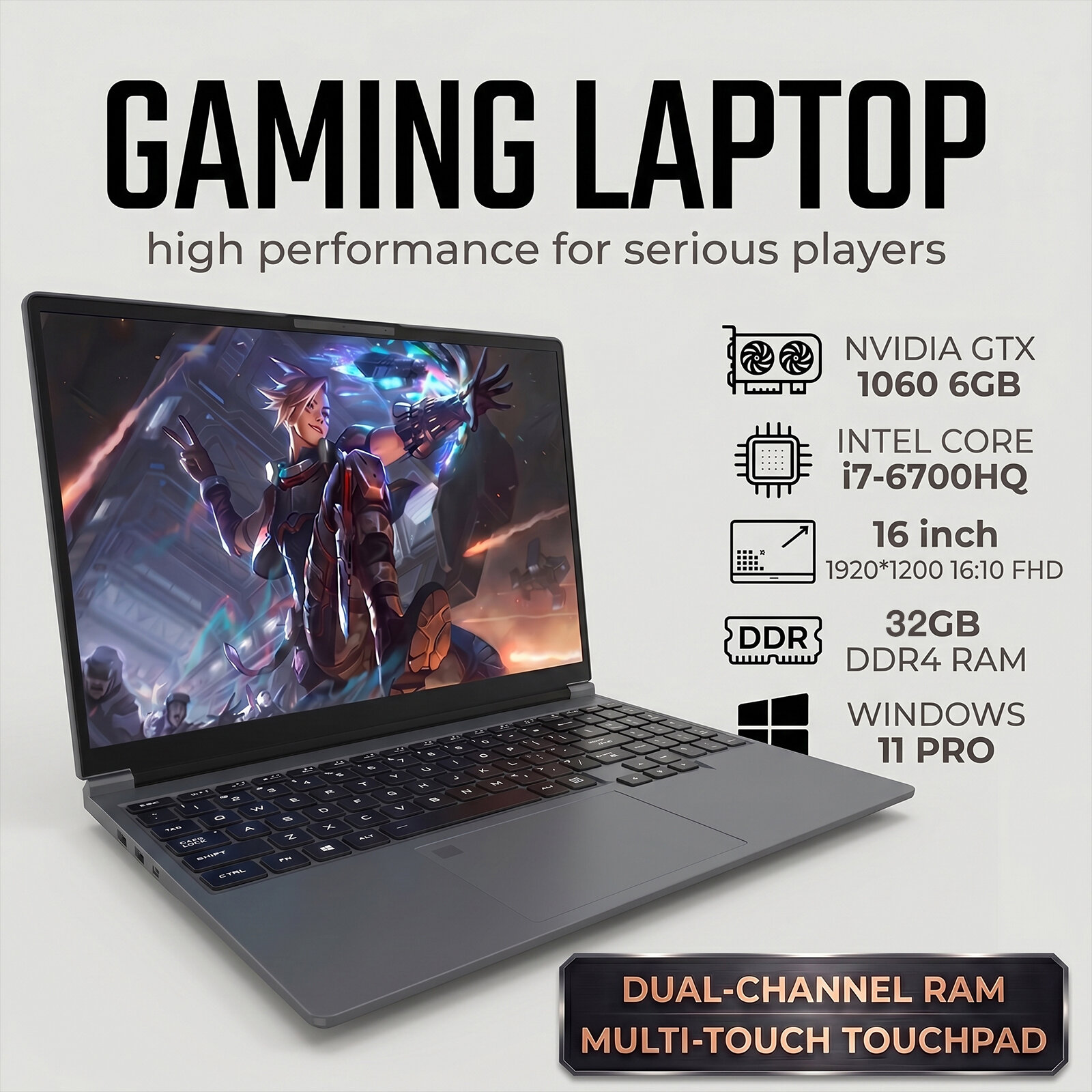Игровой ноутбук Intel Core i7-6700HQ, GTX 1060 6GB, 16" FHD, алюминий, SSD, подсветка