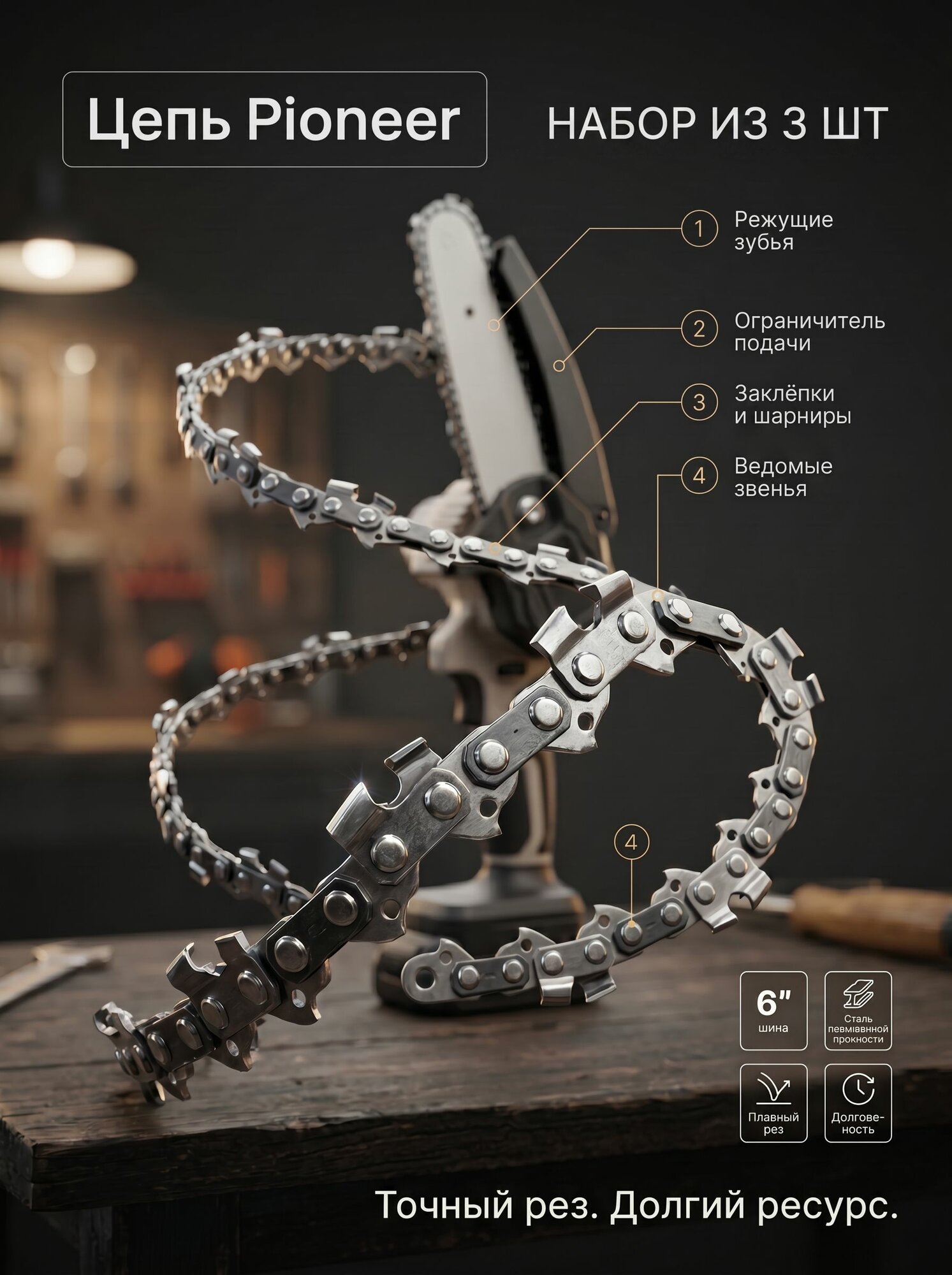 Цепь для пилы Pioneer (1/4" 1,1мм 37зв. 6"), CS-6 для шины цепной пилы