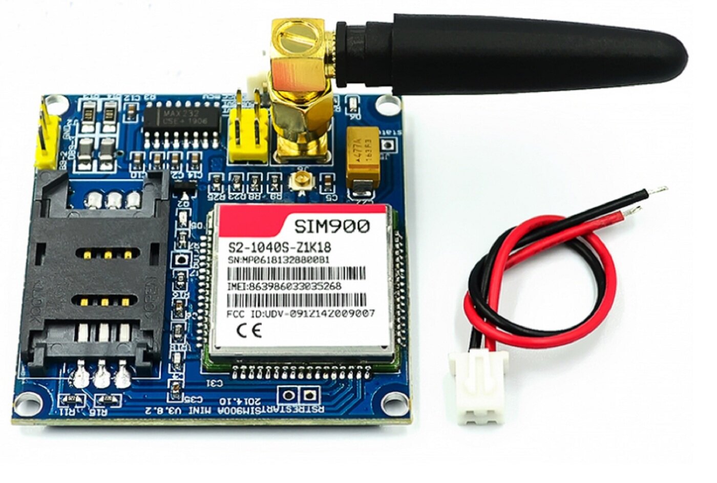 Модуль GSM SIM900 для Arduino с антенной, поддержка частот 850/900/1800/1900 МГц, питание 5В