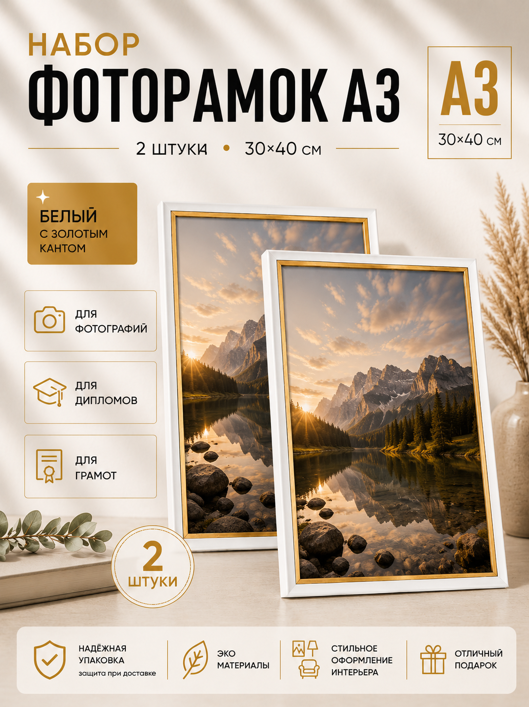Набор фоторамок Премиум А3 30x40, 2 шт, белые с золотой окантовкой