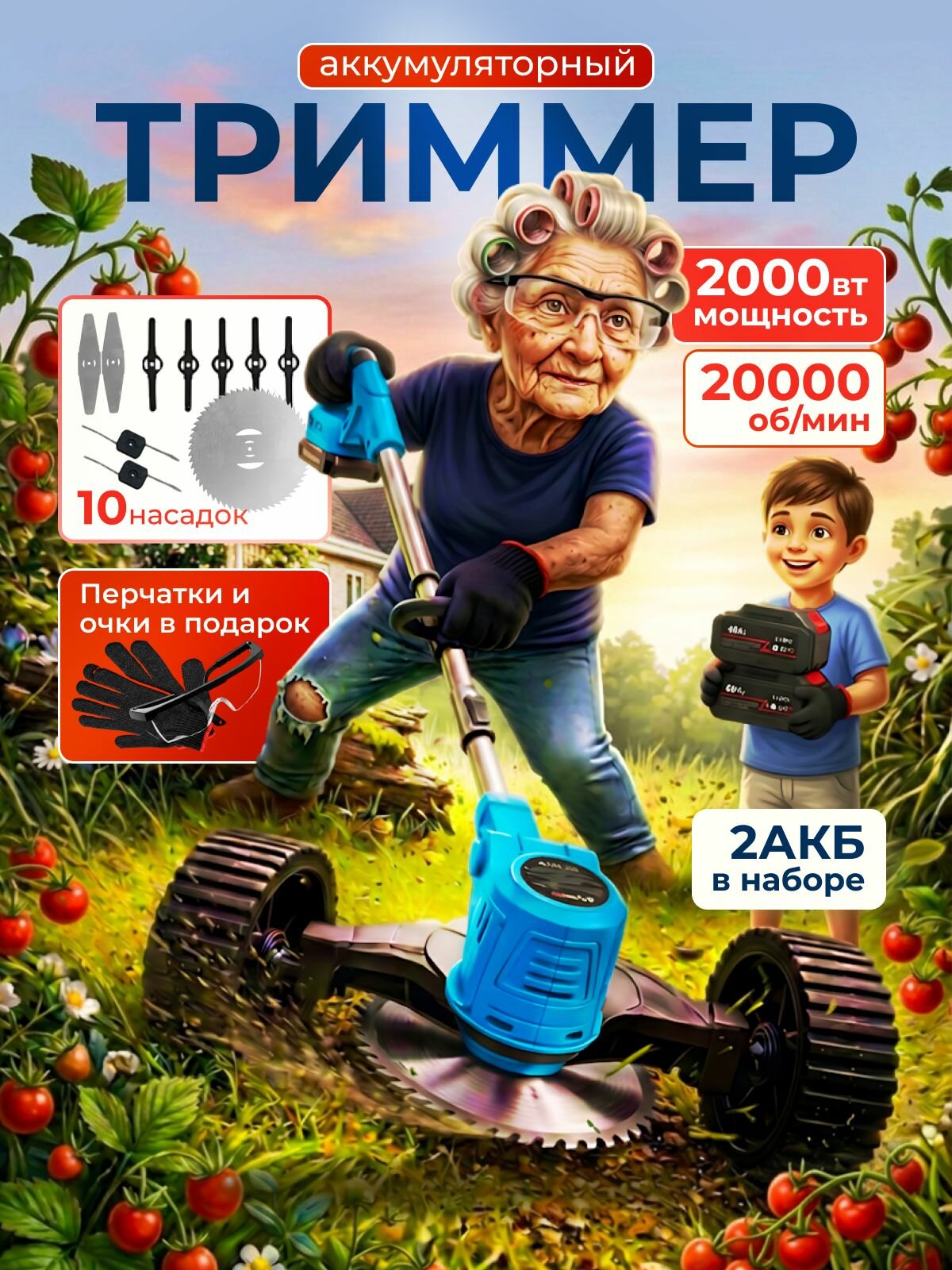 Триммер аккумуляторный садовый 2 АКБ, Газонокосилка