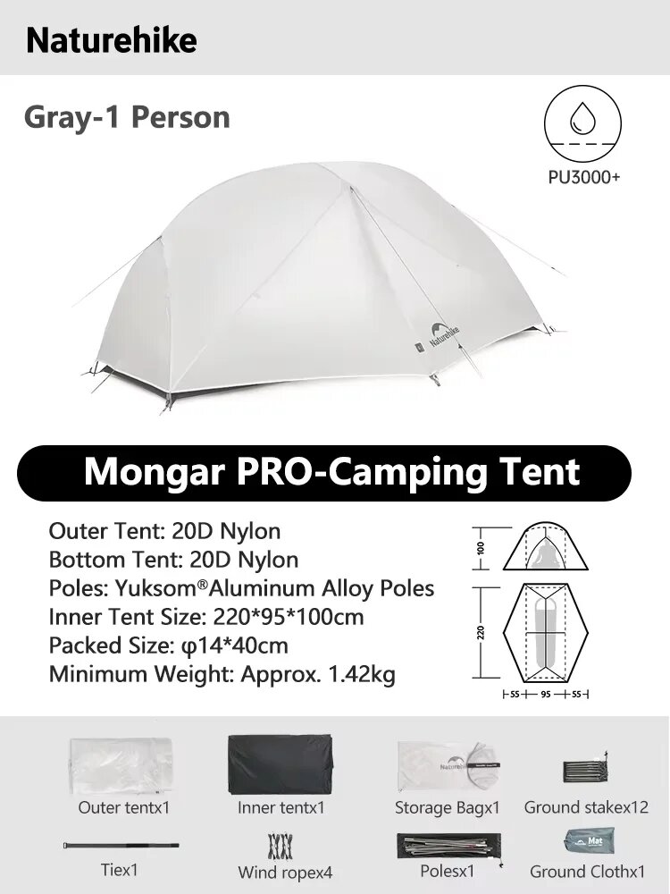 Naturehike Mongar Pro UL Base Палатка для кемпинга 1-3 человек из 20D нейлона, водонепроницаемая палатка для походов, ультralегкая палатка с навесом