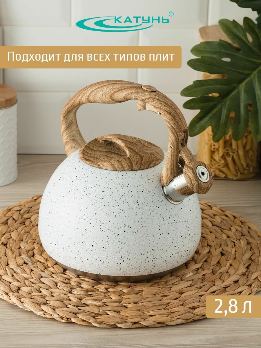 Чайник 2.8 л со свистком ТМ Катунь, цвет Гранит белый, индукция, ручка soft-touch, под дерево