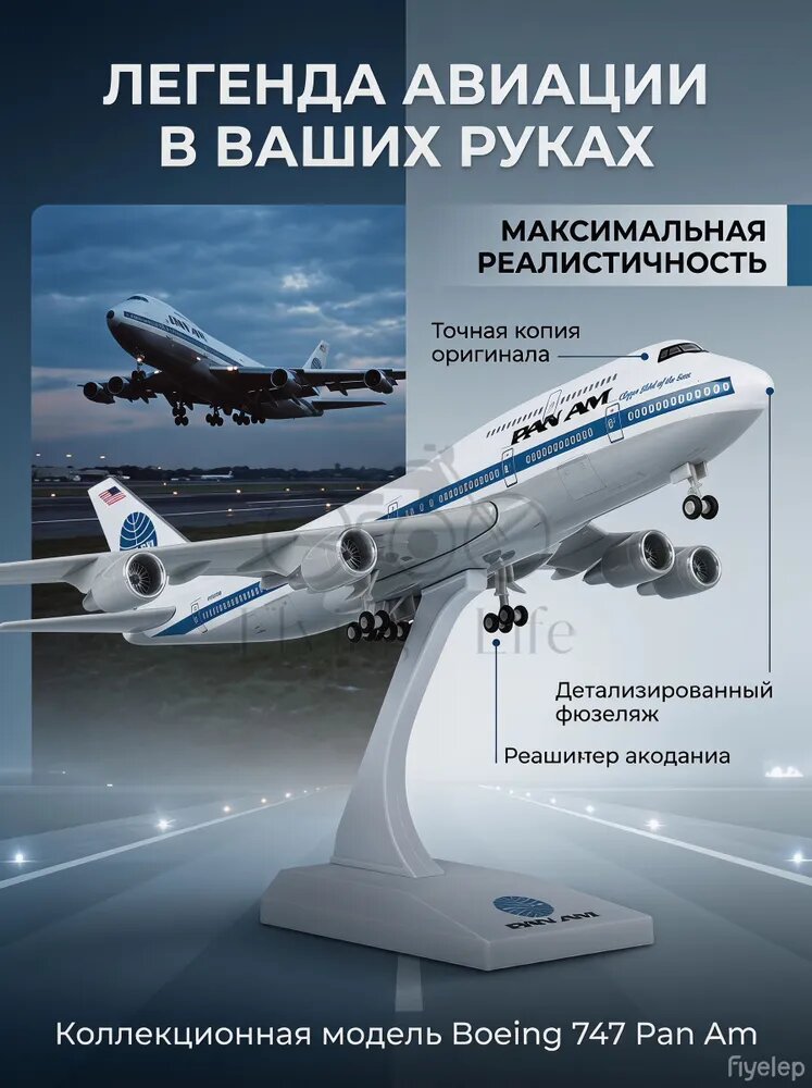 Модель самолета Pan American Airlines Boeing 747 с подсветкой и колесами