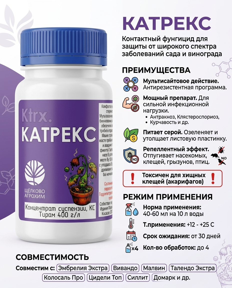 Катрекс 100 мл, КС, Контактный фунгицид для защиты от широкого спектра заболеваний сада и винограда