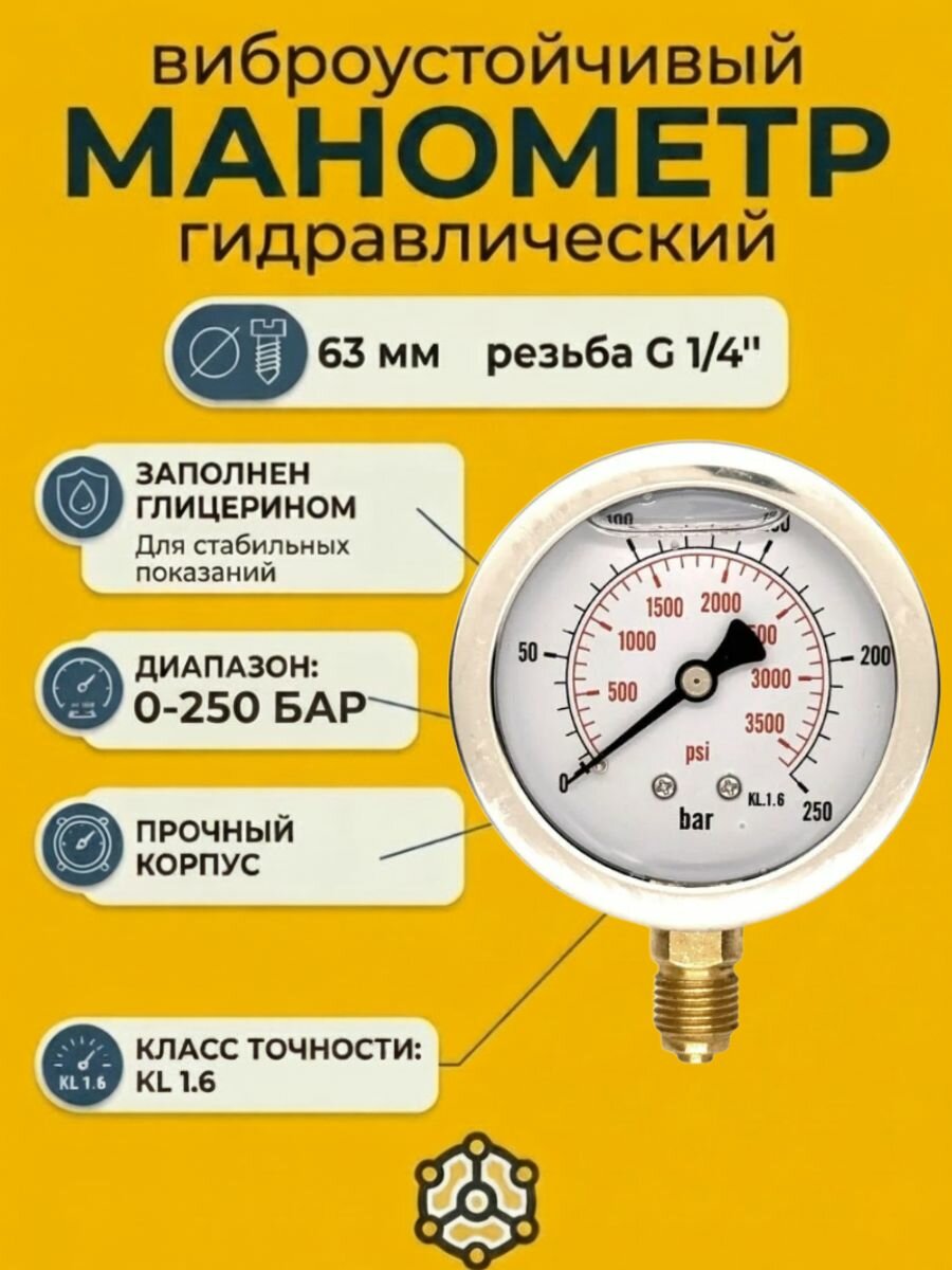 Манометр гидравлический 250 бар 63мм резьба G1/4 виброустойчивый, радиальный, 63R250. MGE HS