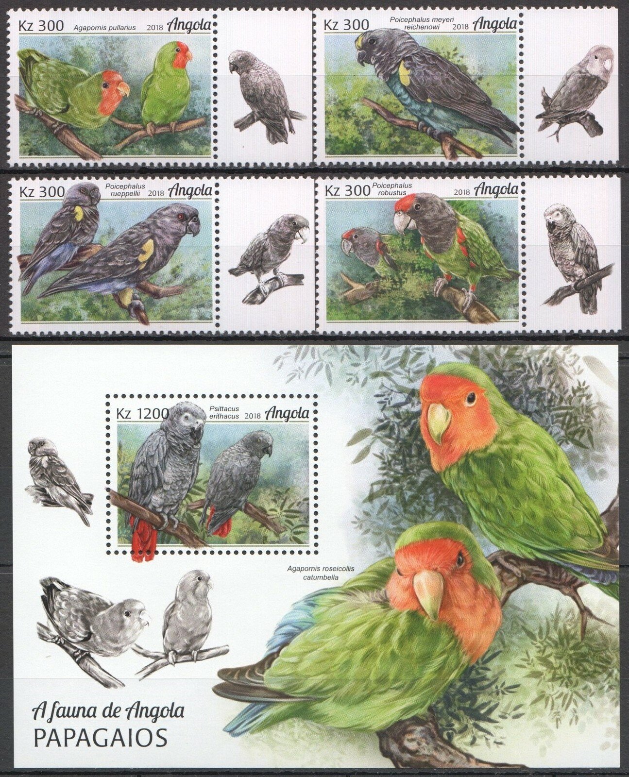 Марки 2018 год Ангола Попугаи Птицы Фауна #2001-2004+Bl166 Mnh