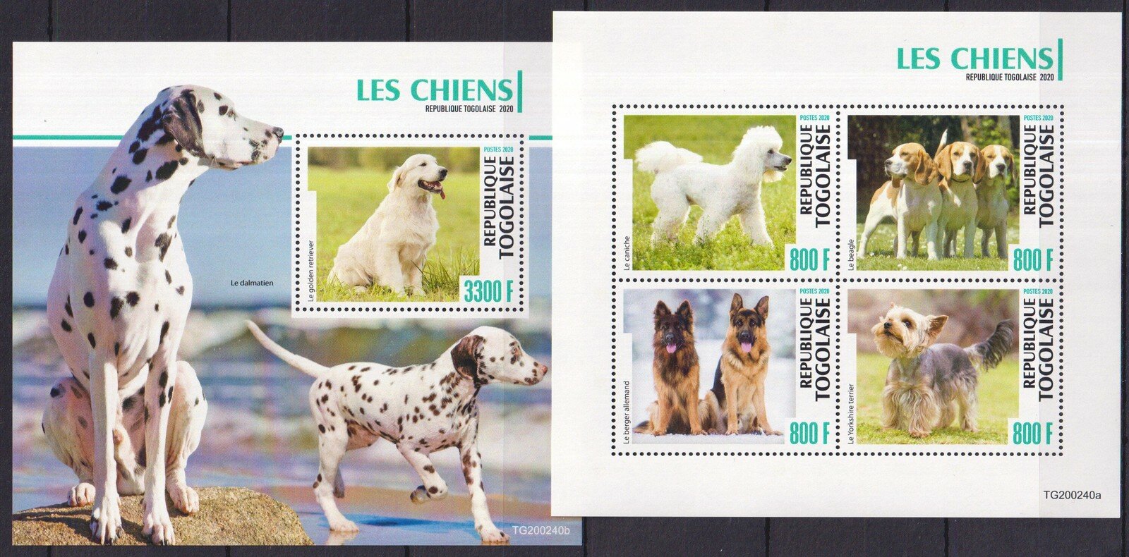 Марки 2020 год Того Собаки Домашние животные Фауна #8339-8342+Bl1939 Mnh