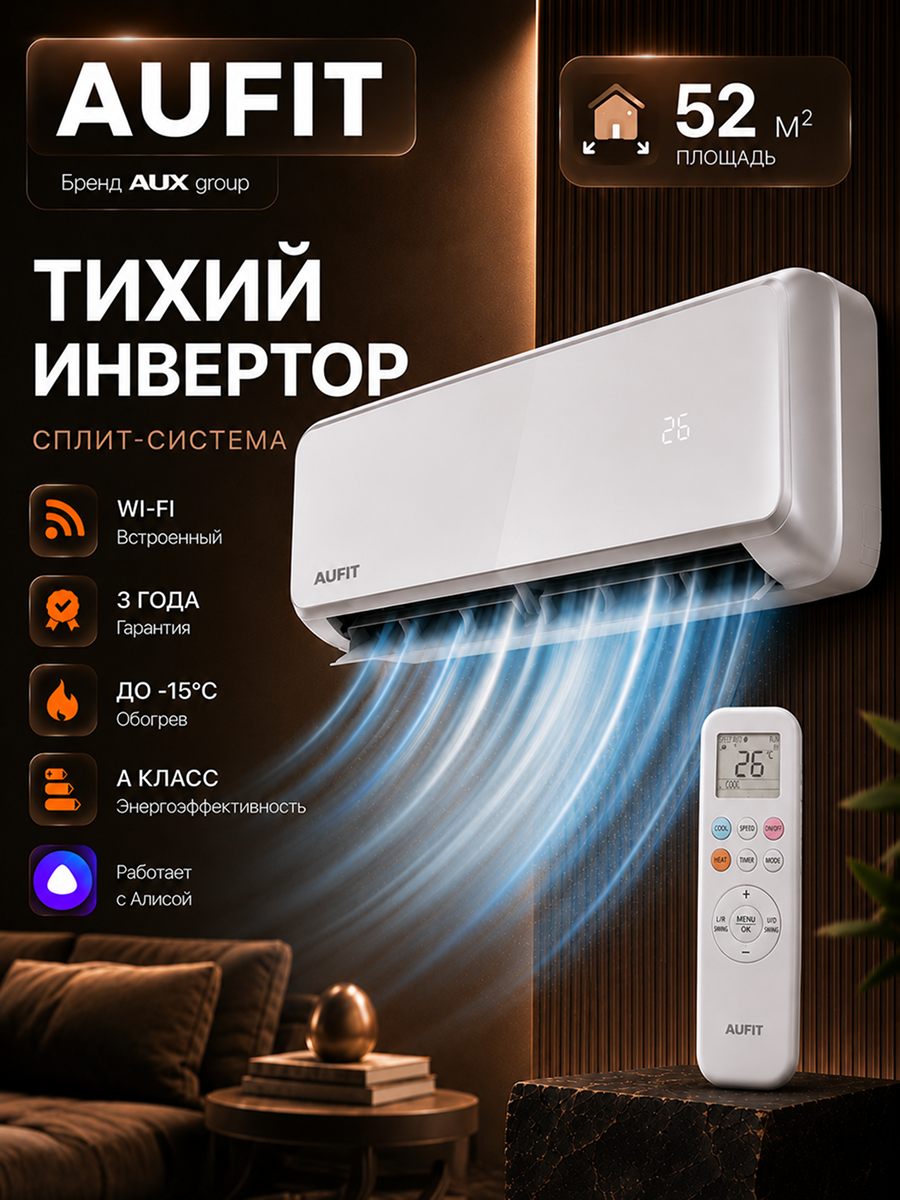 Сплит-система инверторная Aufit QB-INV-18KI/QB-INV-18KU, встроенный Wi-Fi модуль, 18 kBTU, кондиционер до 52 кв. м.