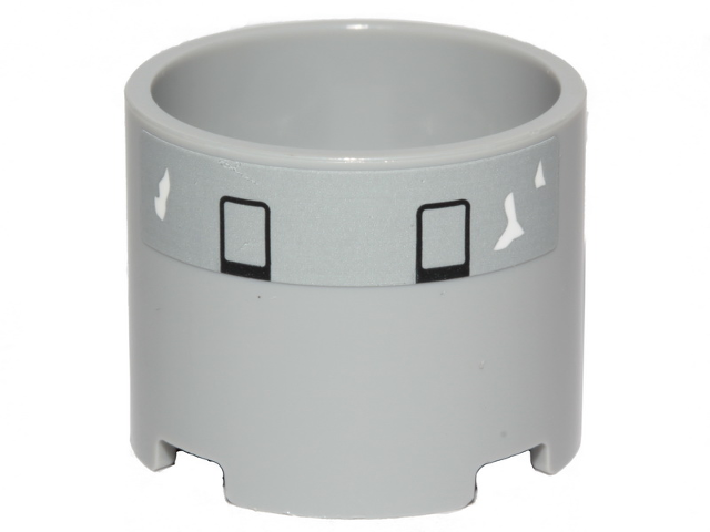 Brick, Round 3 x 3 x 2 with Recessed Center and Axle Hole with 2 Black Rectangles and White Peeling Paint Pattern (Sticker) - Set 75301, 73111pb002 Light Bluish Gray U