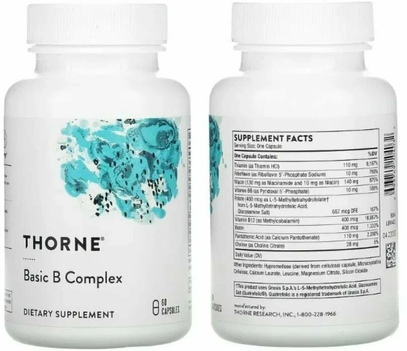 Витамины группы B Thorne Basic B Complex с холином, 60 капсул
