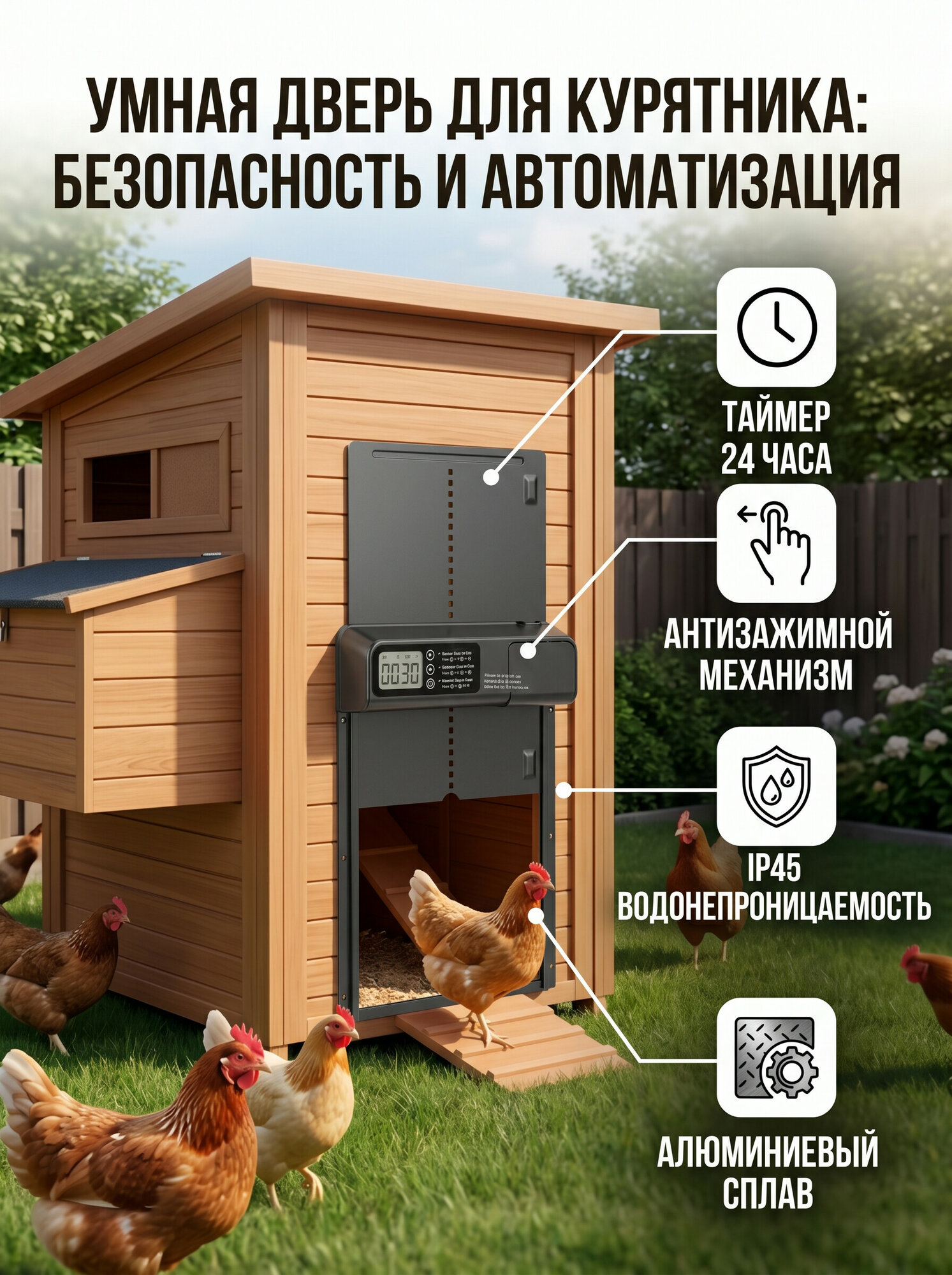 Автоматическая дверца для курятника с таймером алюминий LED дисплей IP45 водонепроницаемая