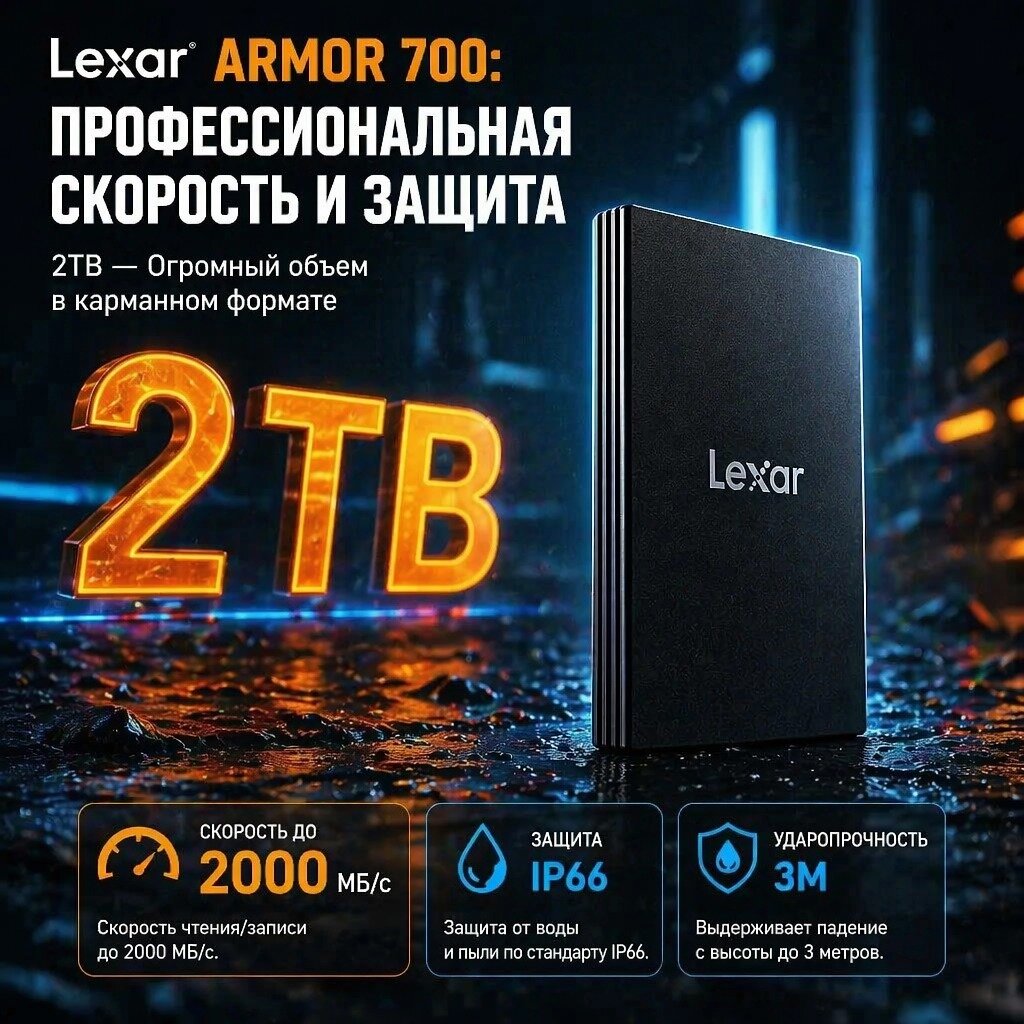 Портативный SSD Lexar ARMOR 700 USB 3.2 Gen 2x2, скорость до 2000 МБ/с, защита IP66, падение с 3 метров