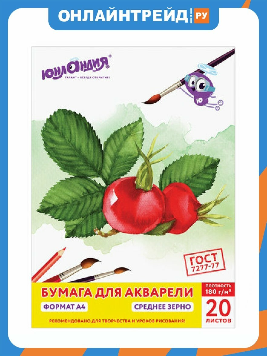Папка для акварели Юнландия А4, 20 л, 180 г/м2, , 210х297 мм, "Юнландик на даче", 111074